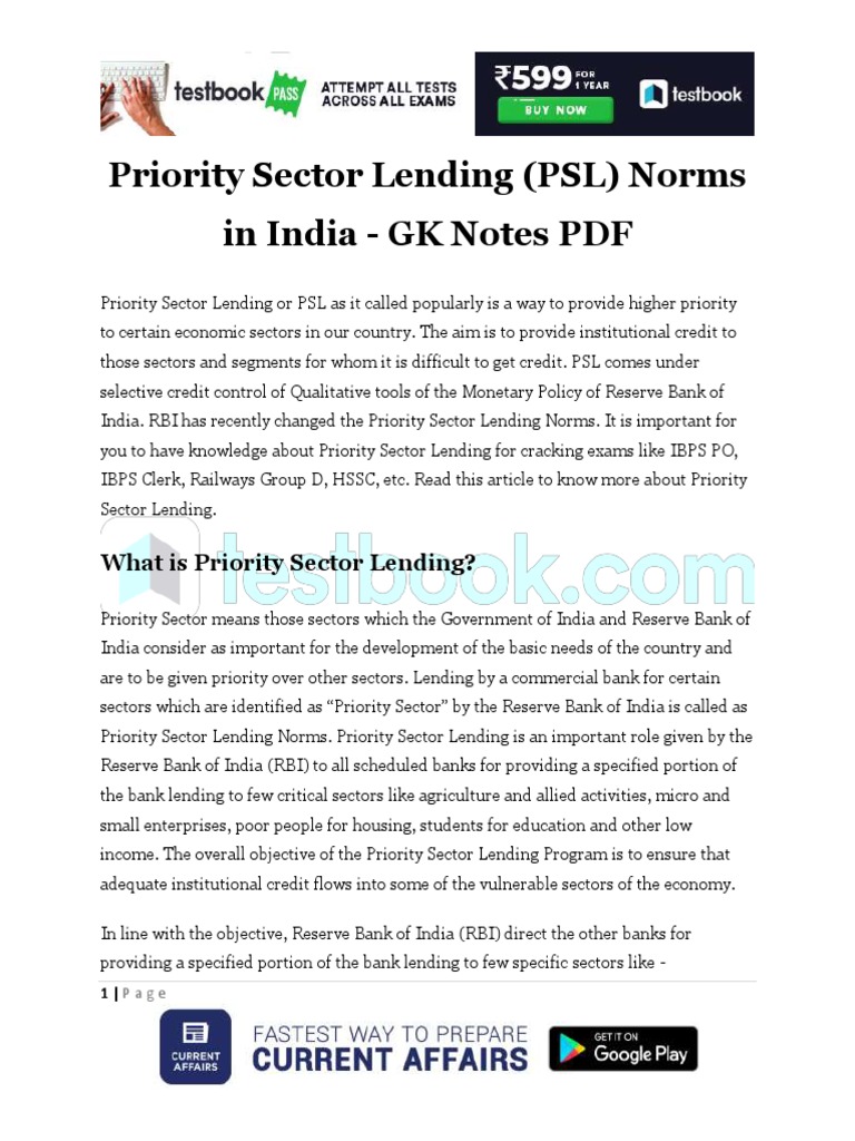 Priority Sector Lending (PSL) Norms in India - GK Notes PDF | PDF ...