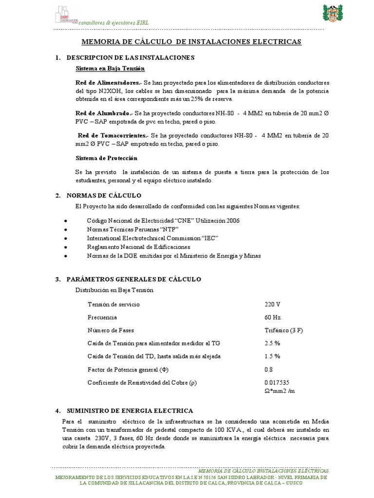 Memoria de Cálculo de Instalaciones Electricas | PDF | Corriente eléctrica | Energia electrica