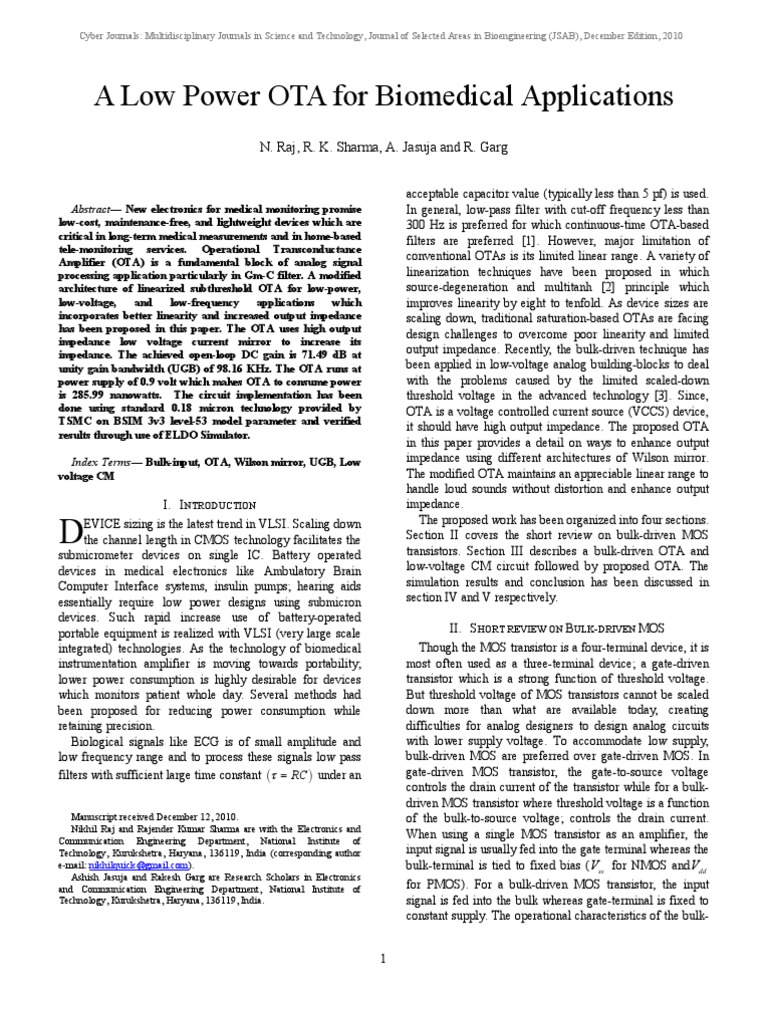 A Low Power OTA For Biomedical Applications | PDF | Mosfet | Field ...