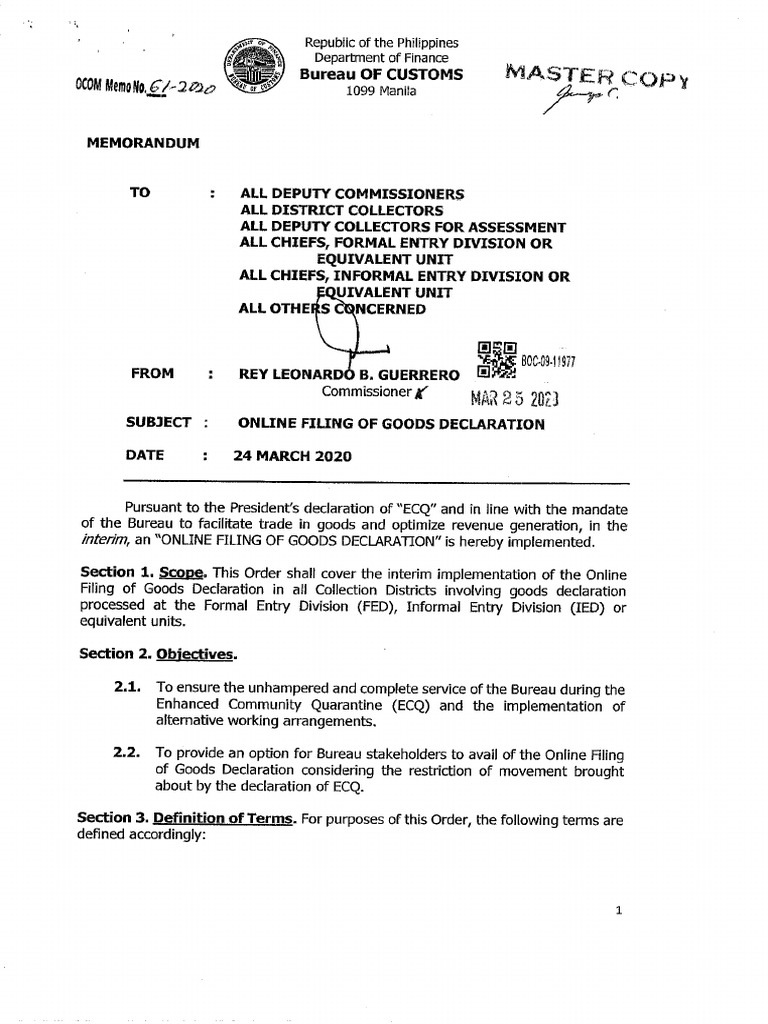 Ocom-Memo-61-2020-Online Filing of Goods Declaration | PDF