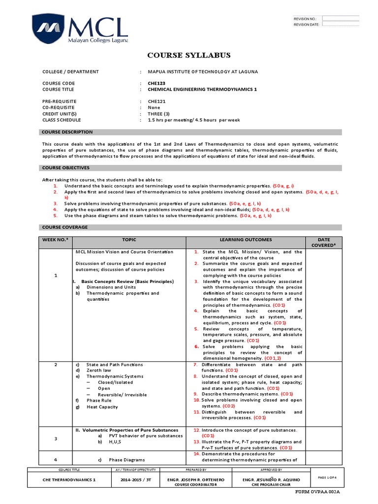 Syllabus On CHE Thermodynamics | PDF | Second Law Of Thermodynamics | Heat
