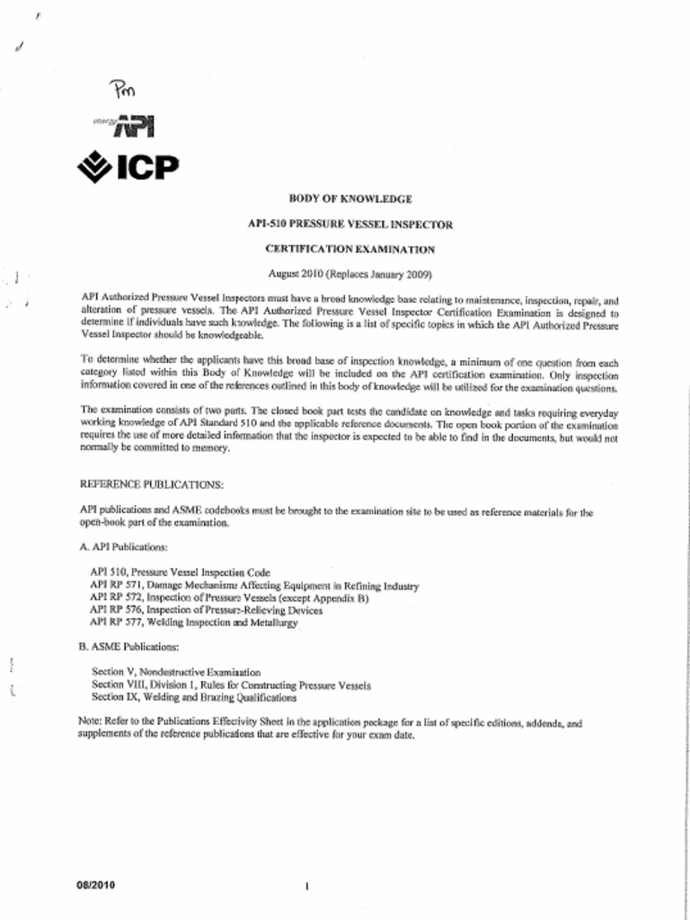 BoK API-510 Pressure Vessel Inspector Certification Examination | PDF