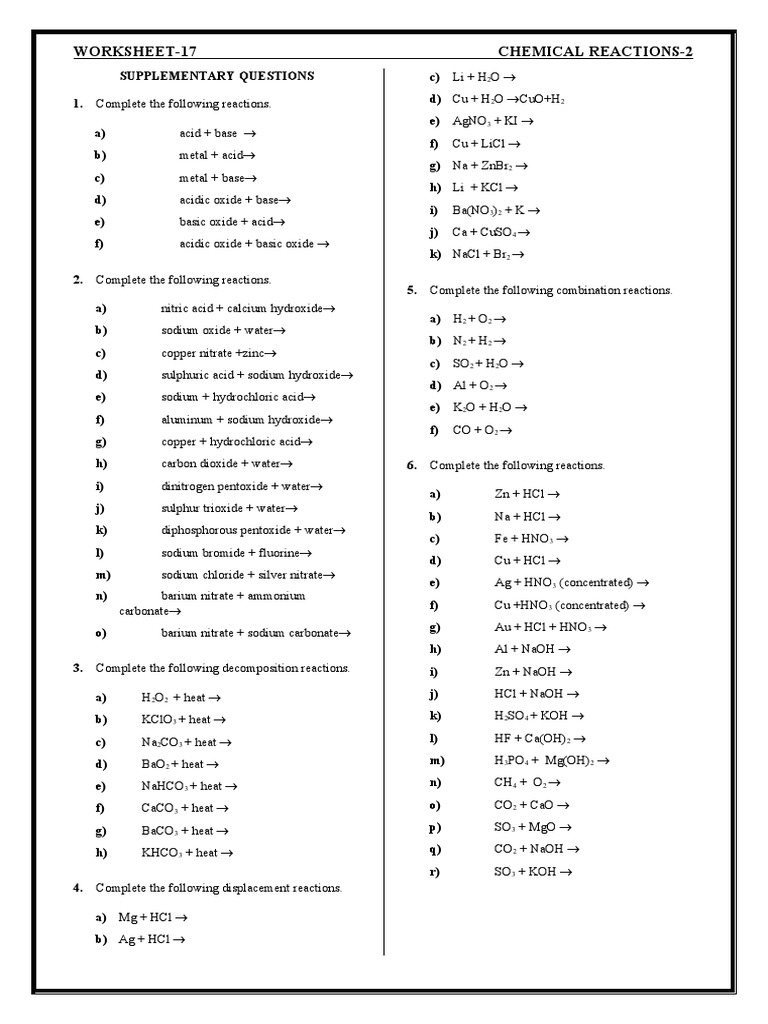 Worksheet-17 Chemical Reactions-2 | PDF | Nitric Acid | Hydrochloric Acid