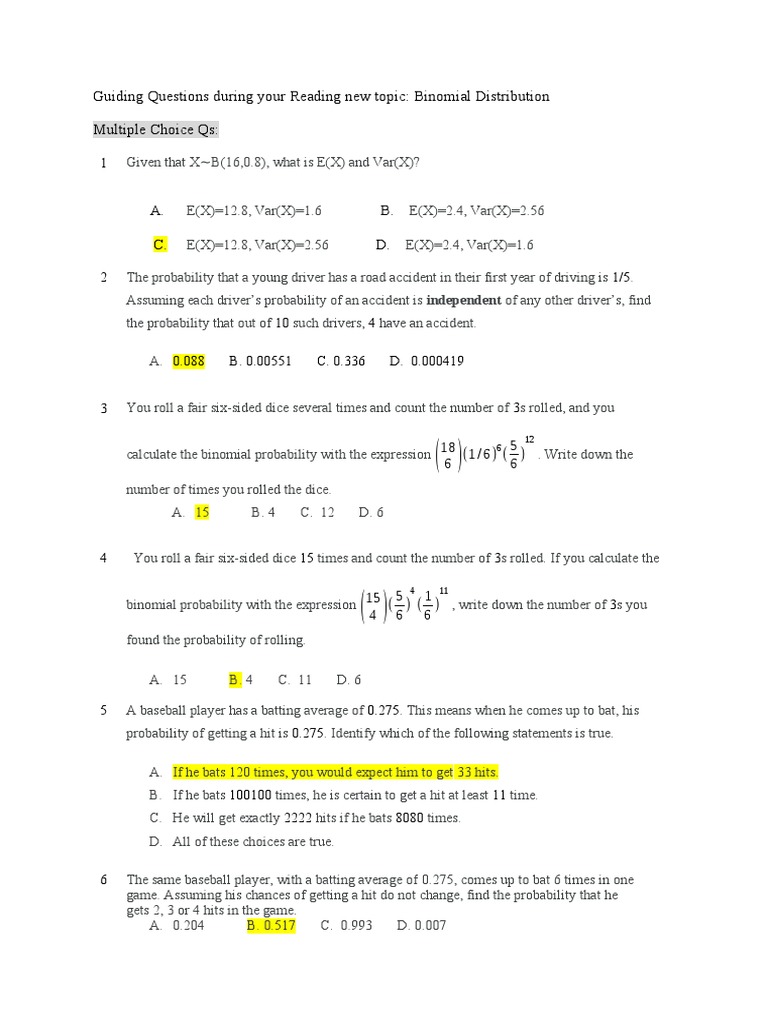 Guiding Questions During Your Reading New Topic: Binomial Distribution ...