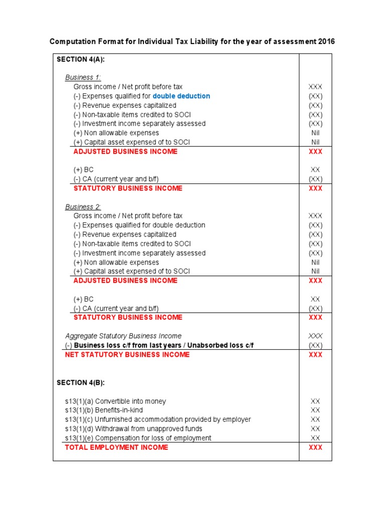 Computation Format For Individual Tax Liability For The Year of Assessment 20XX | PDF | Expense ...