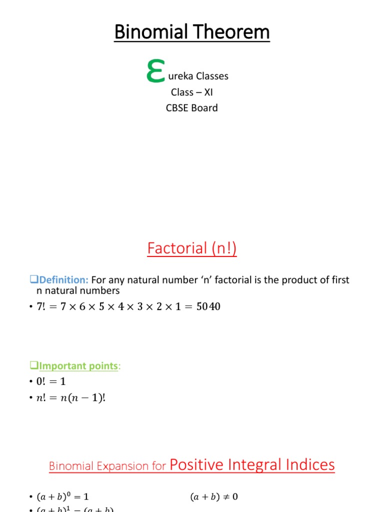 Binomial Theorem: Ureka Classes Class - XI CBSE Board | PDF | Mathematical Concepts | Numbers