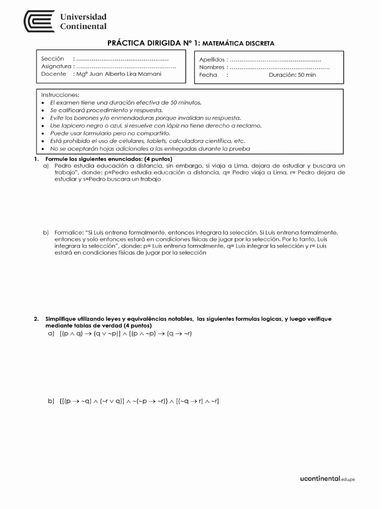 Práctica Dirigida #1 Matemática Discreta | PDF