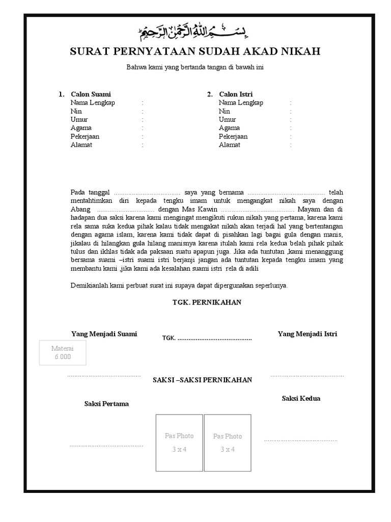 Surat Pernyataan Sudah Akad Nikah | PDF