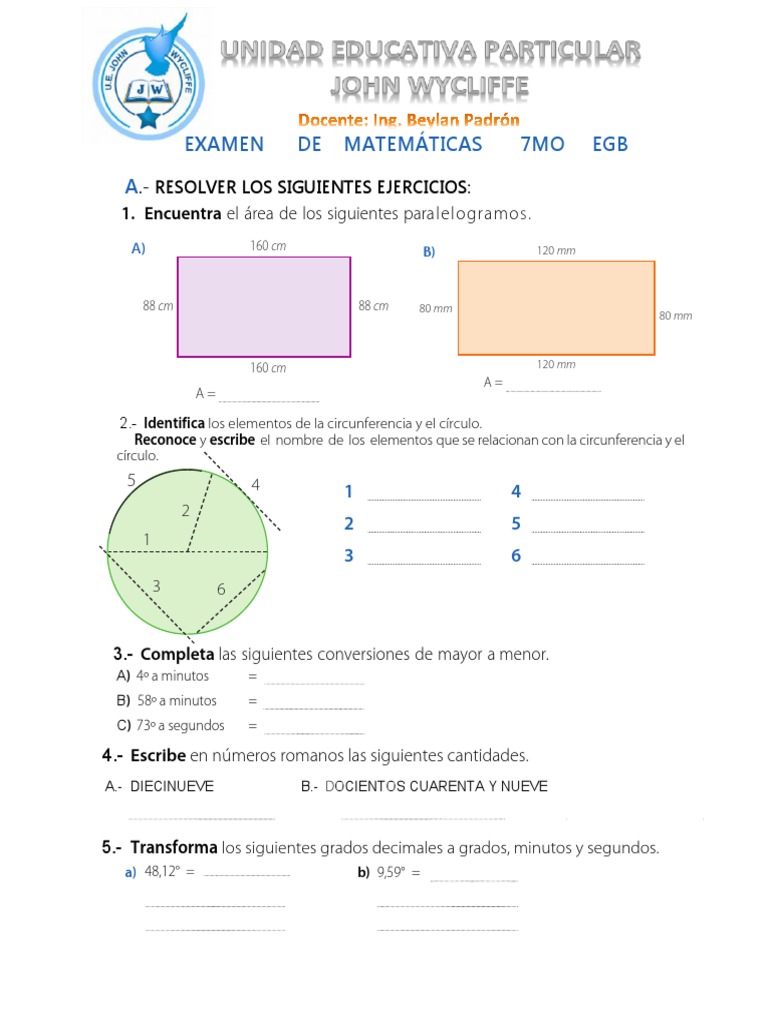 Cuestionario de Matemática 7mo EGB | PDF
