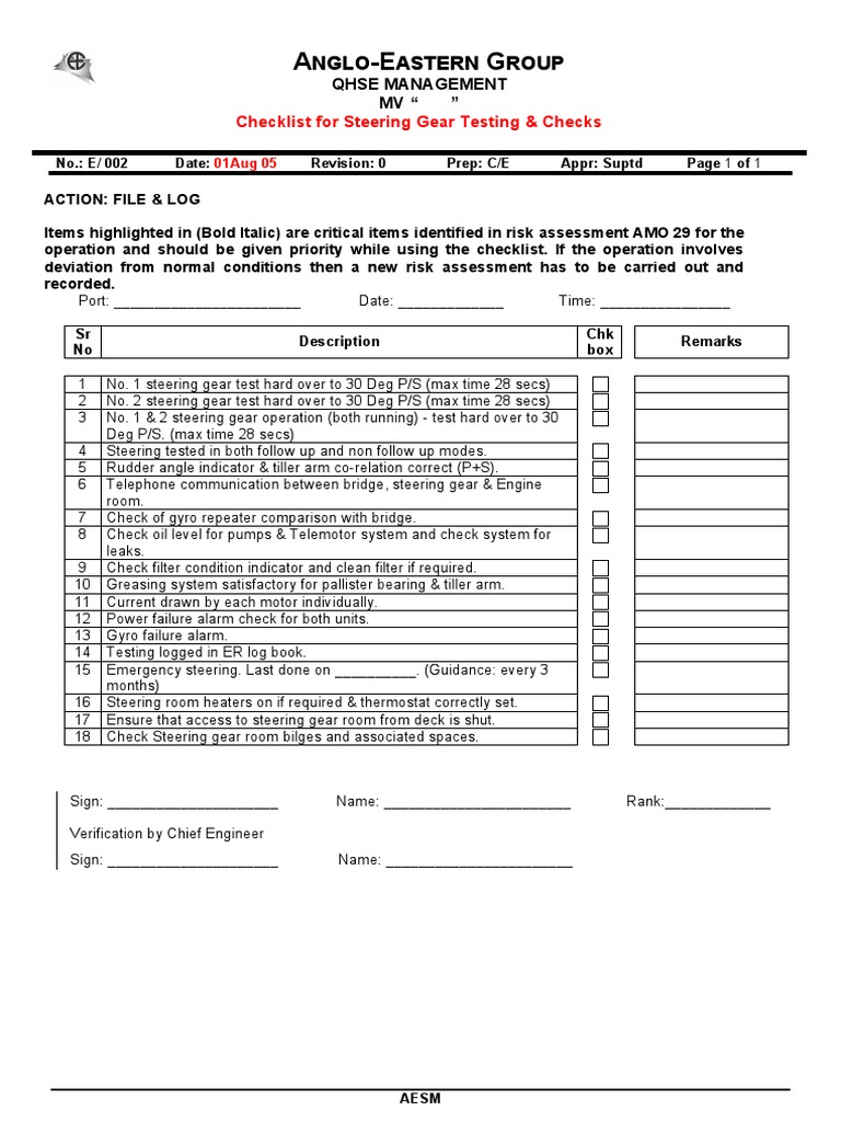 Steering Gear Testing Checklist | PDF | Nature
