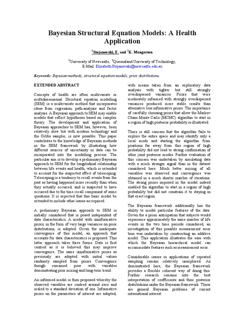 Bayesian Structural Equation Models: A Health Application: Stojanovski, E. and K. Mengersen ...