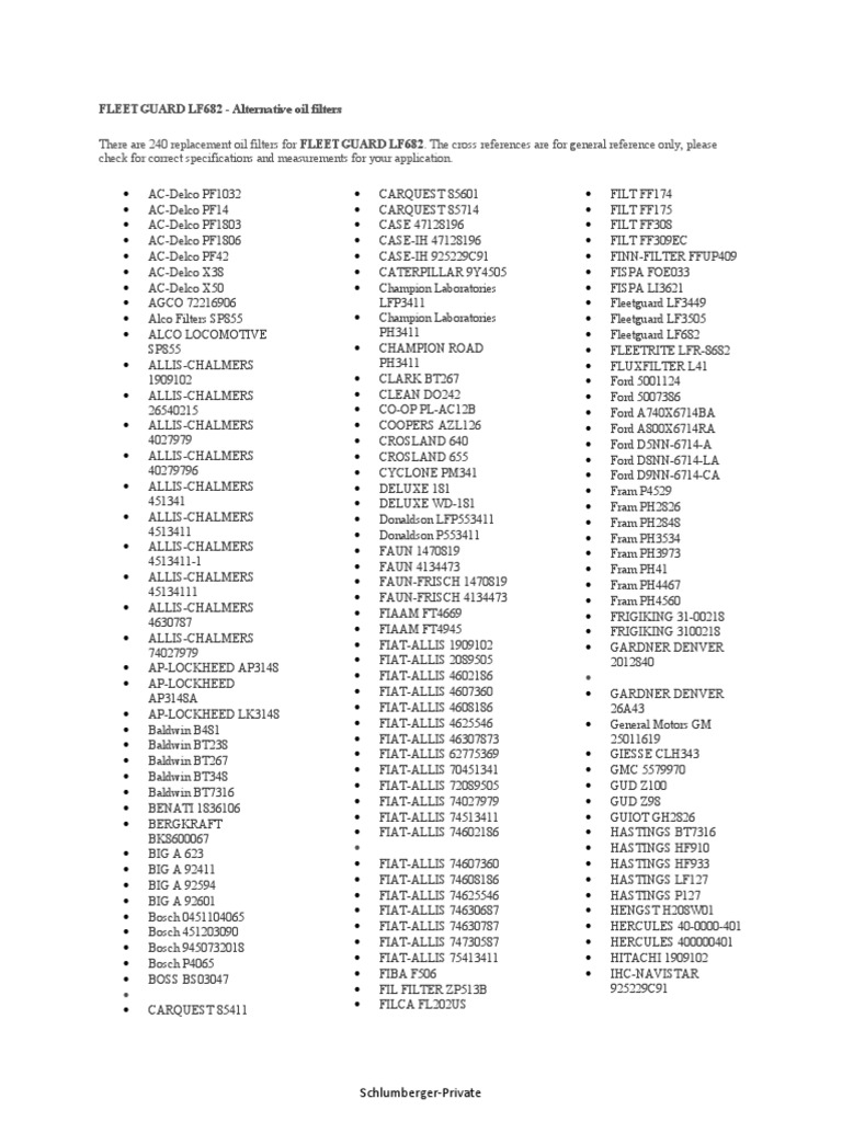 FLEETGUARD LF682 Oil Filter Alternatives Guide | PDF | Vehicle ...