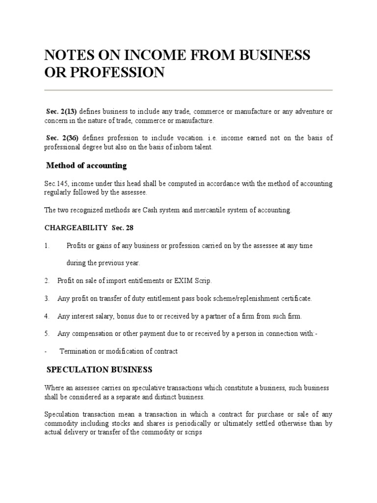 Notes On Income From Business or Profession | PDF | Depreciation | Expense