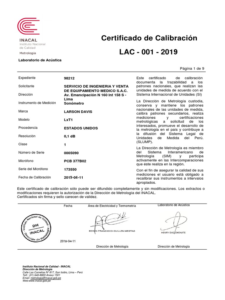 Certificado de Calibración LARSON DAVIS LxT1 | PDF | Metrología ...