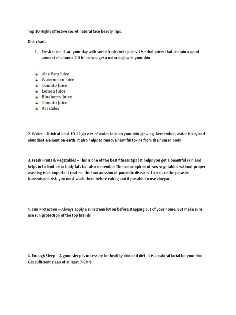 Top 10 Highly Effective Secret Natural Face Beauty Tips | PDF | Juice ...