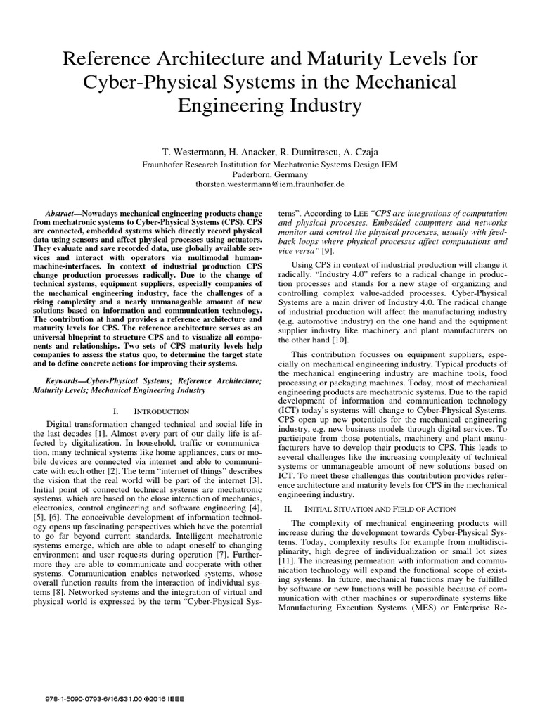 Reference Architecture and Maturity Levels For Cyber-Physical Systems ...