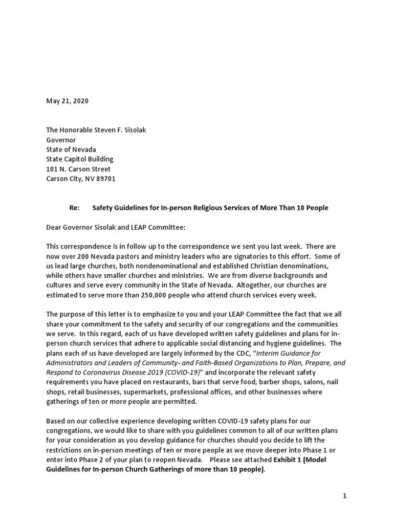 Letter To Sisolak From Churches, May 21 | PDF | Pastor | Disinfectant