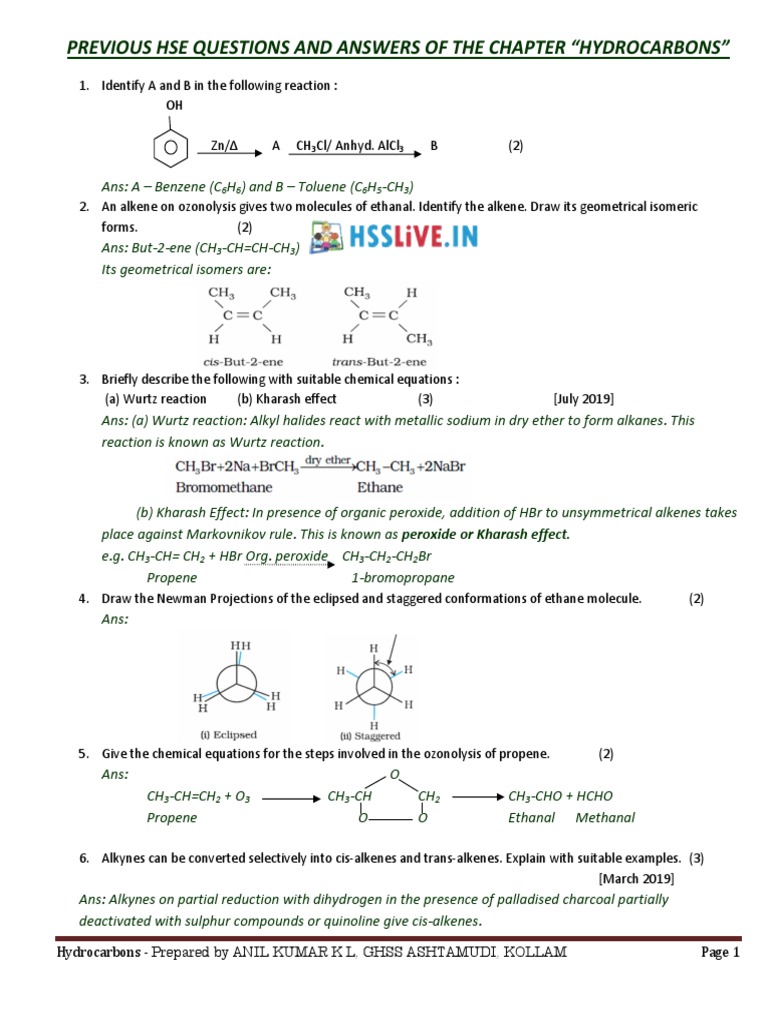 Previous Hse Questions and Answers of The Chapter "Hydrocarbons" | PDF | Aromaticity | Alkene