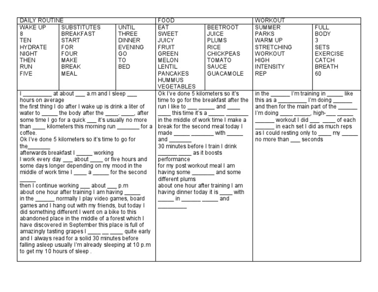 A Day in Life of A Calisthenics Athlete Worksheet | PDF | Meal | Food ...