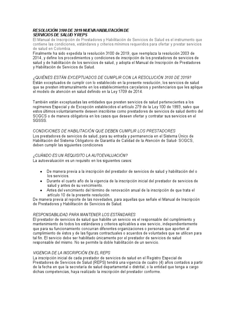 Resolución 3100 de 2019 Nueva Habilitación de Servicios de Salud y Reps | PDF | Tecnología de ...