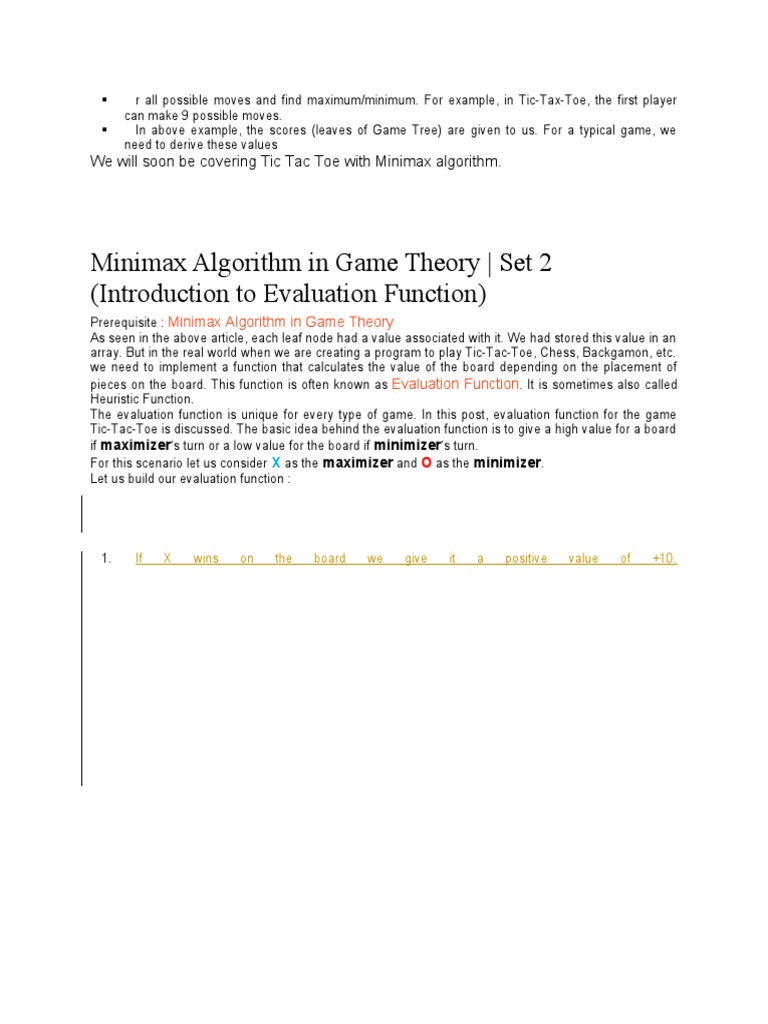 Minimax Algorithm In Game Theory Set 2 Introduction To Evaluation Function Pdf Applied
