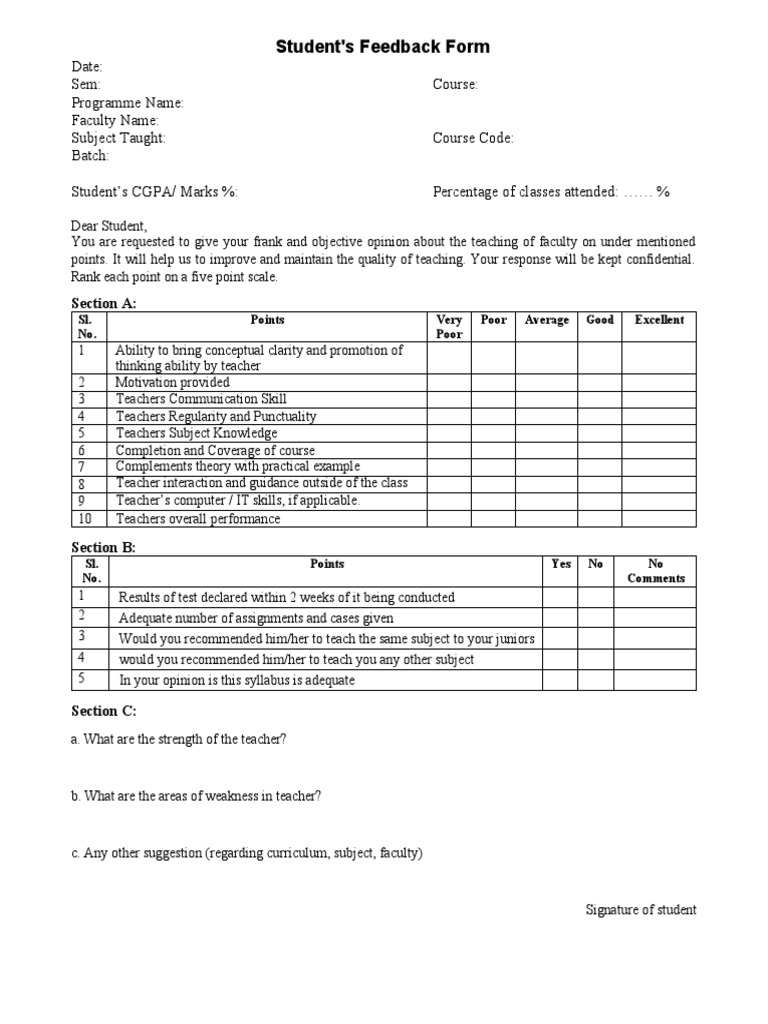 Student Feedback Form Template | PDF