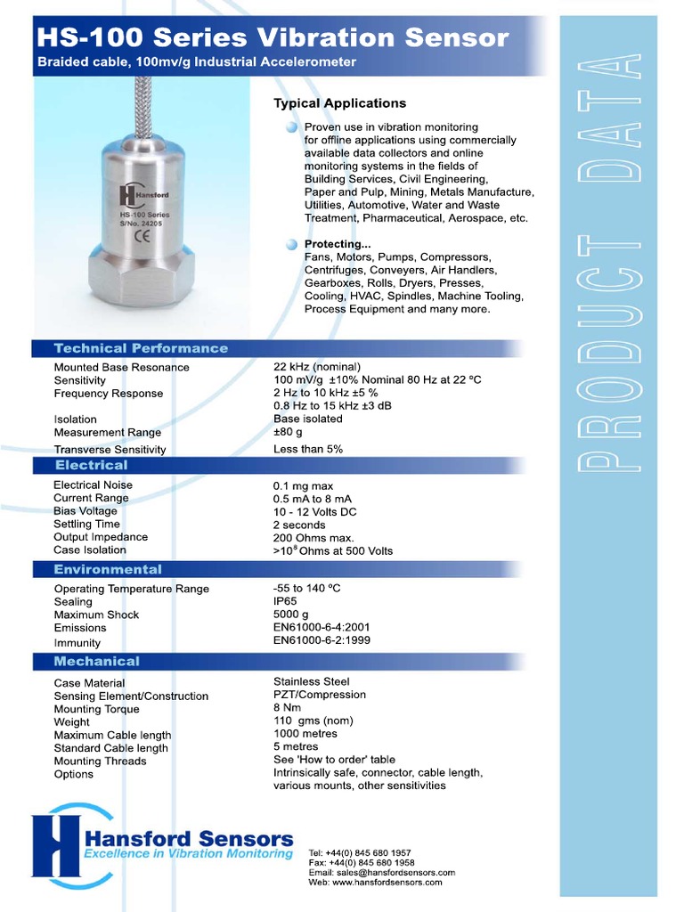 HS-100 Series Vibration Sensor: Braided Cable, 100mv/g Industrial ...