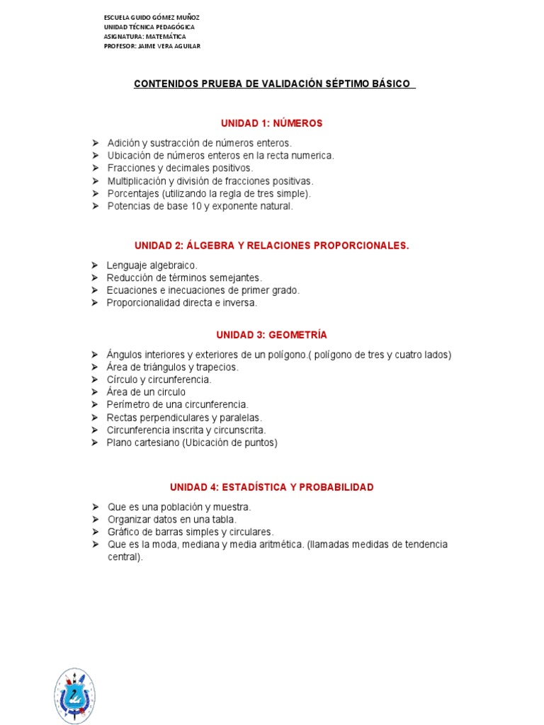Temario Matematica Septimo Basico Prueba Validacion | PDF