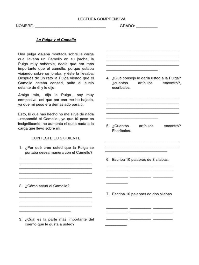 Lectura Comprensiva: La Pulga y el Camello | PDF