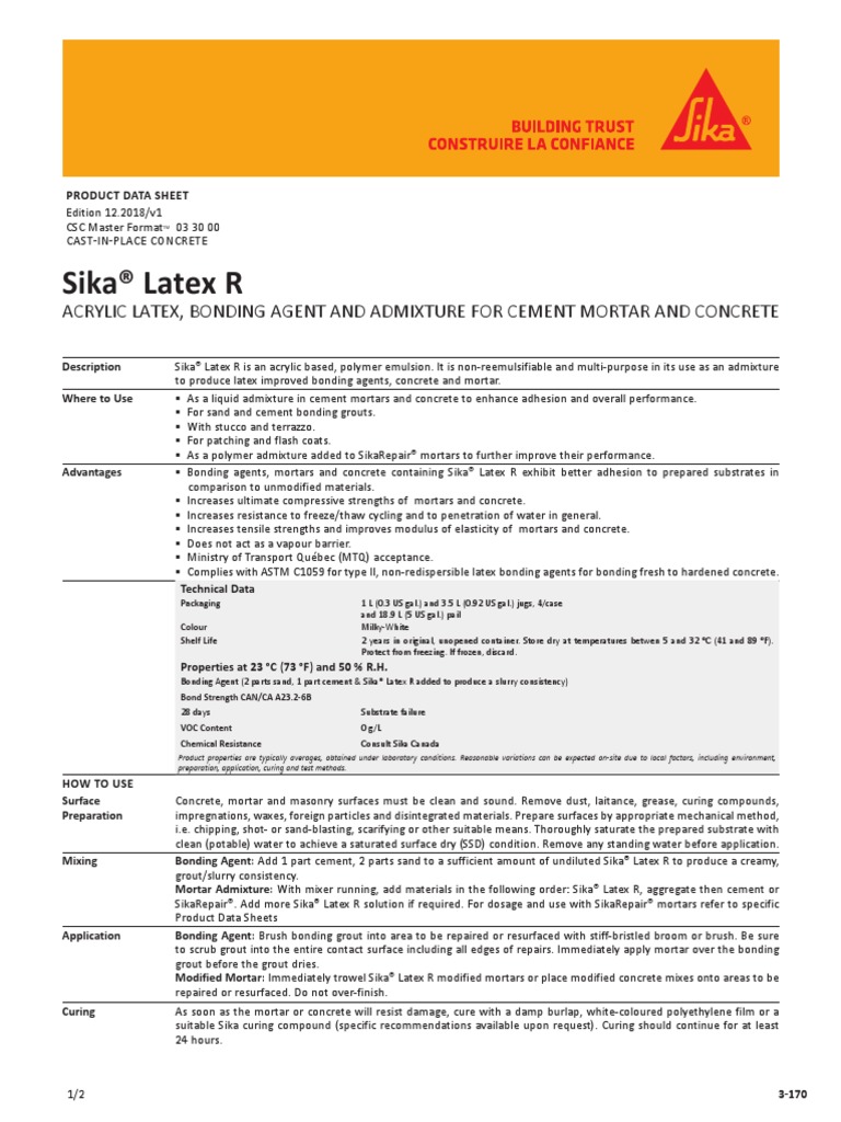 Sika® Latex R: Acrylic Latex, Bonding Agent and Admixture For Cement ...