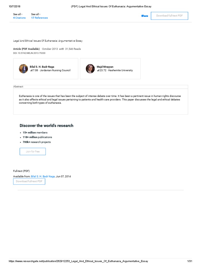 (PDF) Legal and Ethical Issues of Euthanasia - Argumentative Essay ...