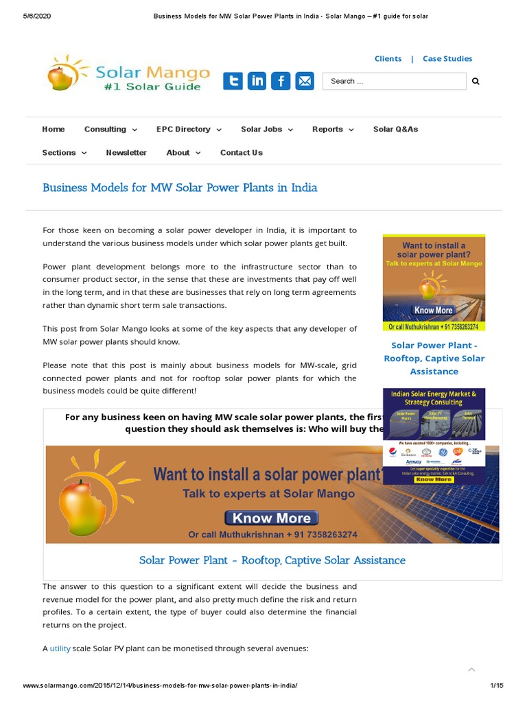 Business Models For MW Solar Power Plants in India - Solar Mango - #1 ...