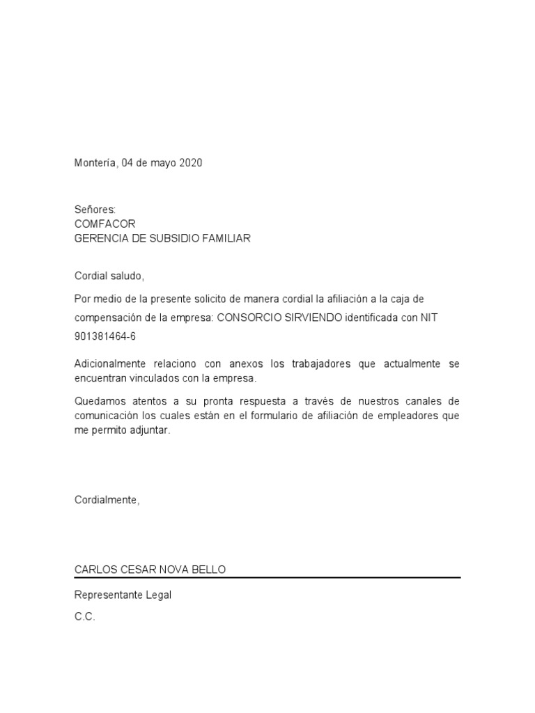 Afiliación COMFACOR empresa CONSORCIO SIRVIENDO | PDF