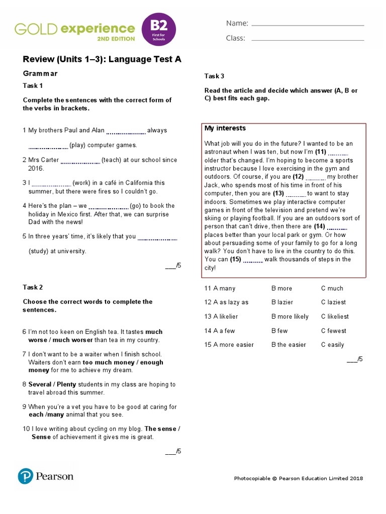 Review (Units 1-3) : Language Test A: Grammar | PDF