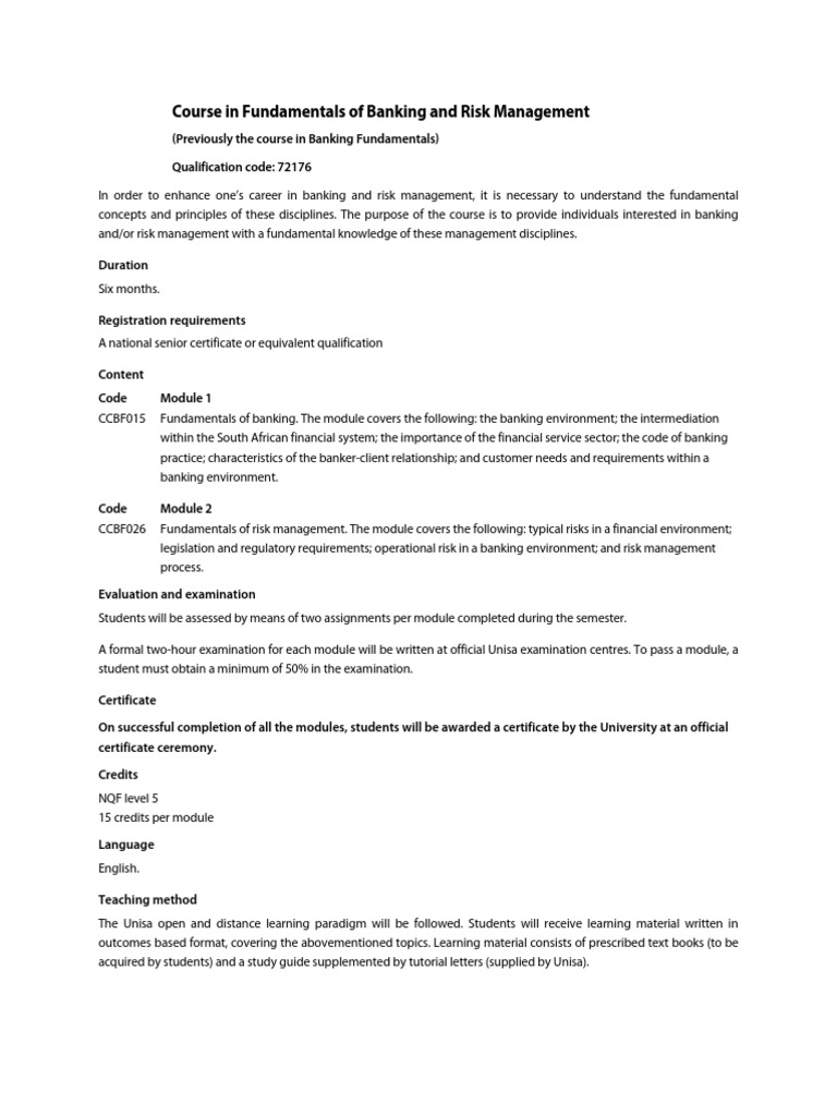 Course in Fundamentals of Banking and Risk Management | PDF | Banks | Risk