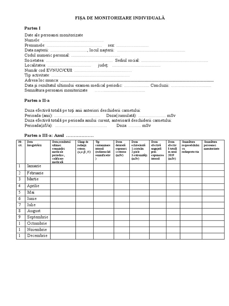 Fisa Monitorizare Dozimetrica - Model | PDF