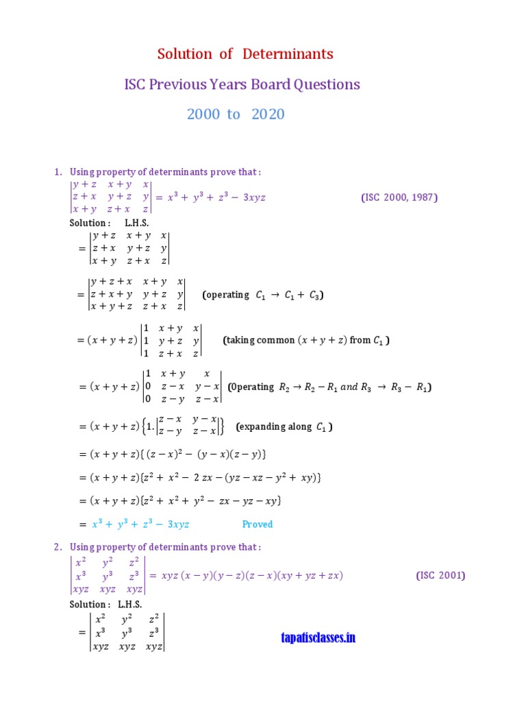 Determinants. Previous Years Board Questions 2000 To 2020 With ...