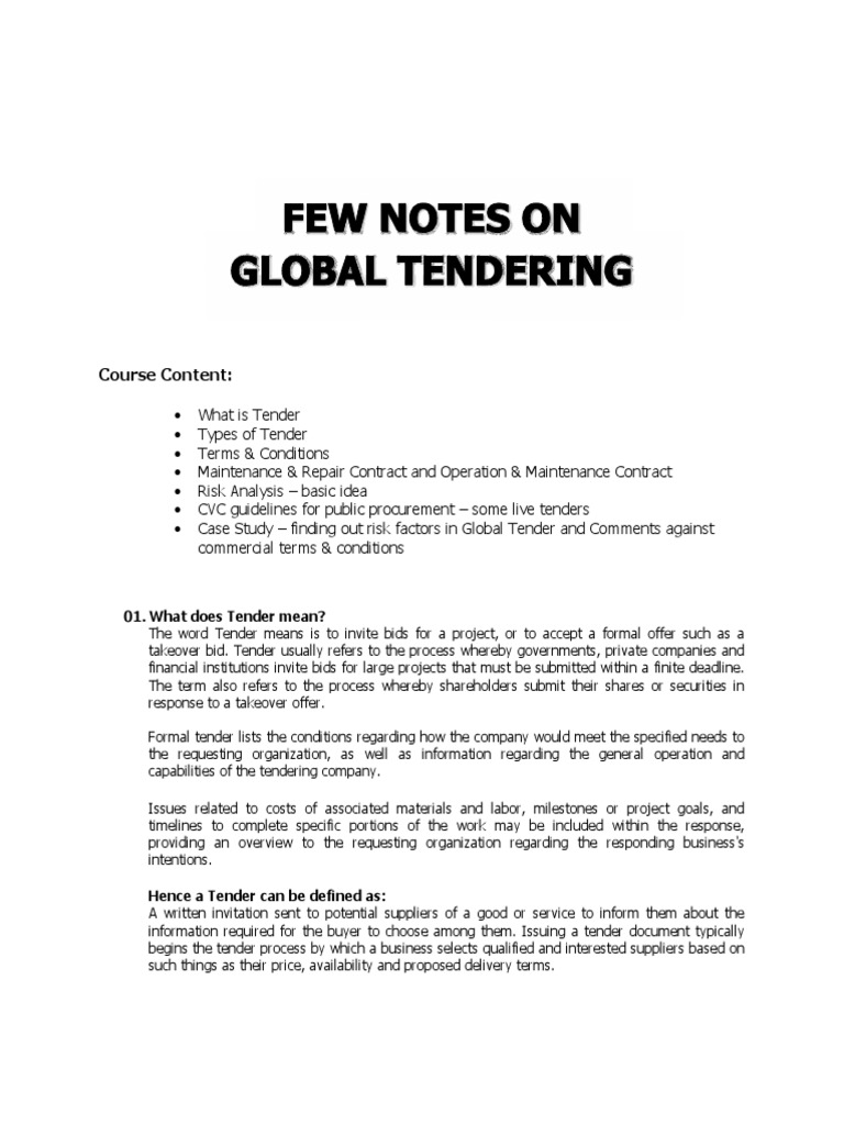 Course Content:: What Does Tender Mean? | PDF | Procurement | Sales
