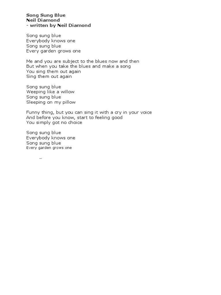 Song Sung Blue Lyrics by Neil Diamond | PDF