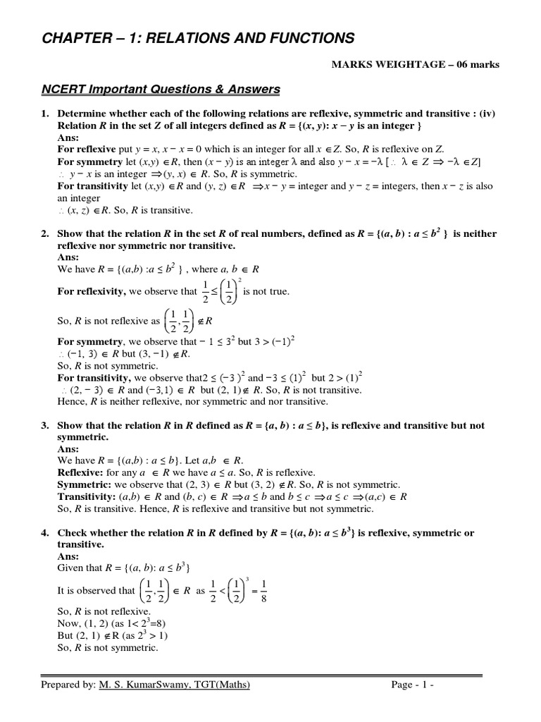 Chapter - 1: Relations and Functions: NCERT Important Questions ...