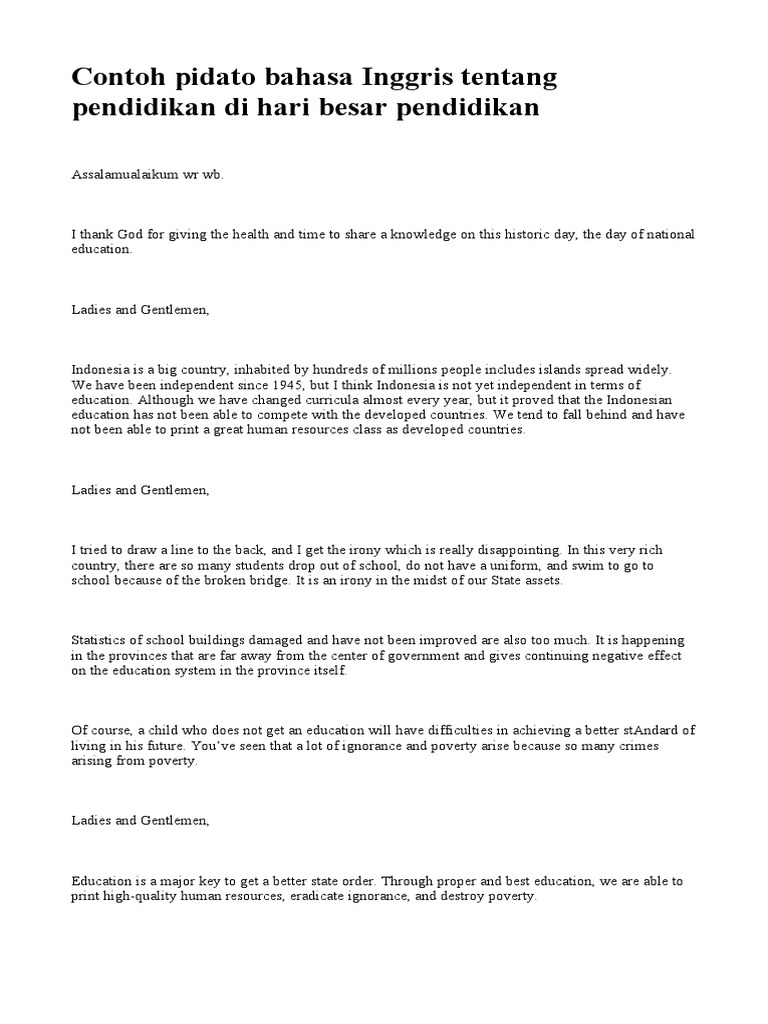 Contoh Pidato Bahasa Inggris Tentang Pendidikan Di Hari Besar Pendidikan | PDF | Indonesian ...