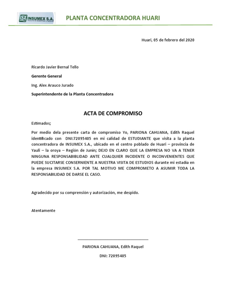 Modelo de Carta Compromiso | PDF