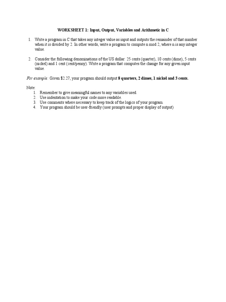 WORKSHEET 1: Input, Output, Variables and Arithmetic in C | PDF