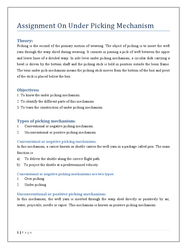 Assignment On Under Picking Mechanism | PDF | Loom | Weaving