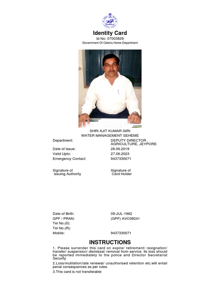 Identity Card: Government of Odisha Home Department | PDF