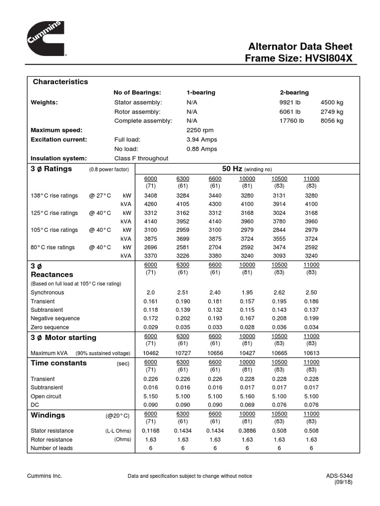 Alternator Data Sheet Frame Size: HVSI804X: Characteristics | PDF | Electromagnetism ...