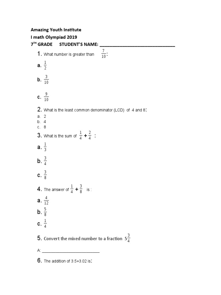 Amazing Youth Institute Olympiad Math 7th Grade | PDF | Fraction ...