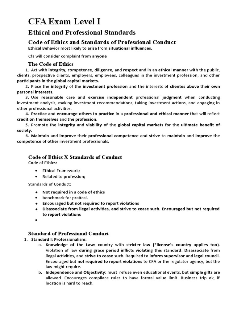 CFA Exam Level I: Ethical and Professional Standards | PDF | Business ...