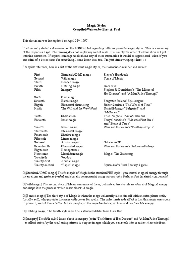 Magic Styles: Compiled/Written by Brett A. Paul | PDF | Magician (Fantasy)