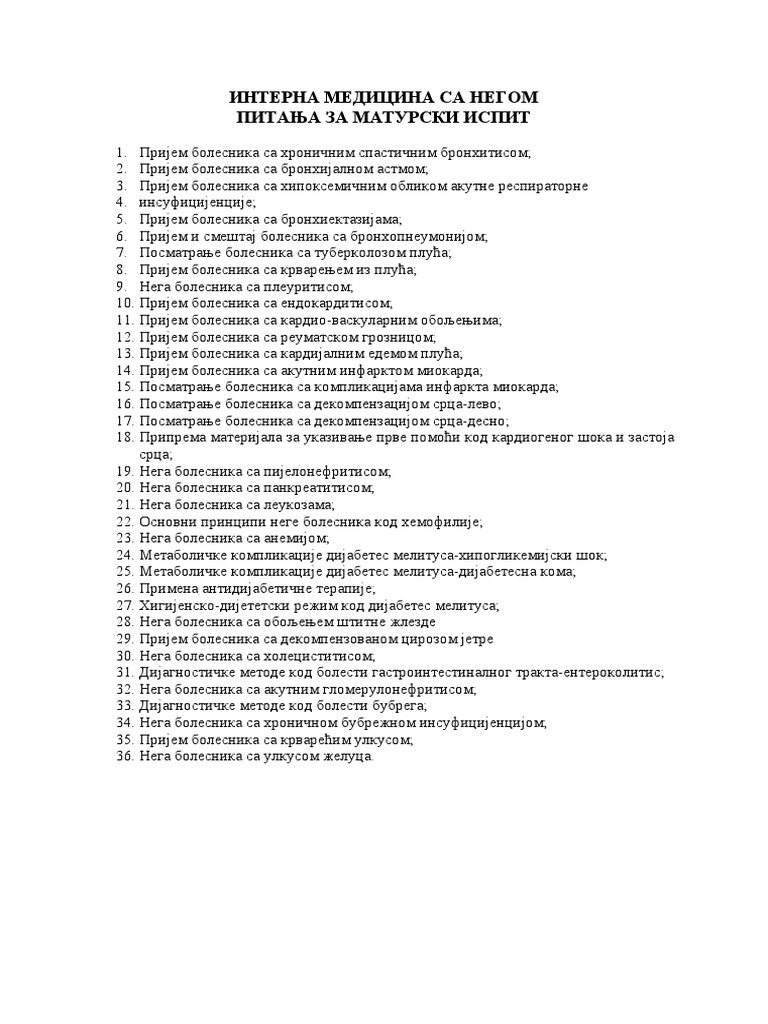 Interna Medicina Sa Negom Pitanja Za Maturski Ispit | PDF